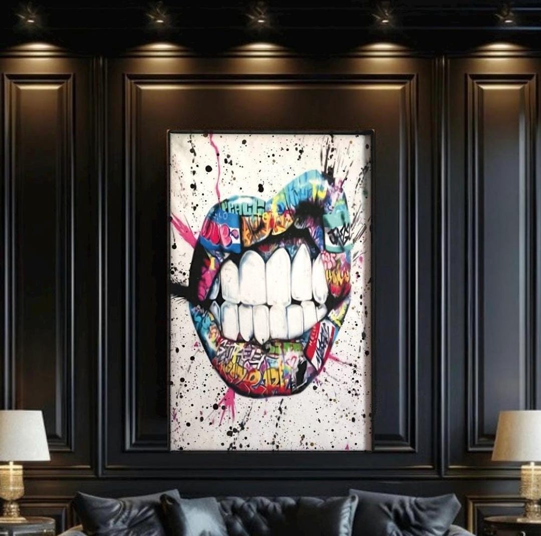 Graffiti Bold Lips Teeth Floating Textured Canvas Paint Splash Sexy ...