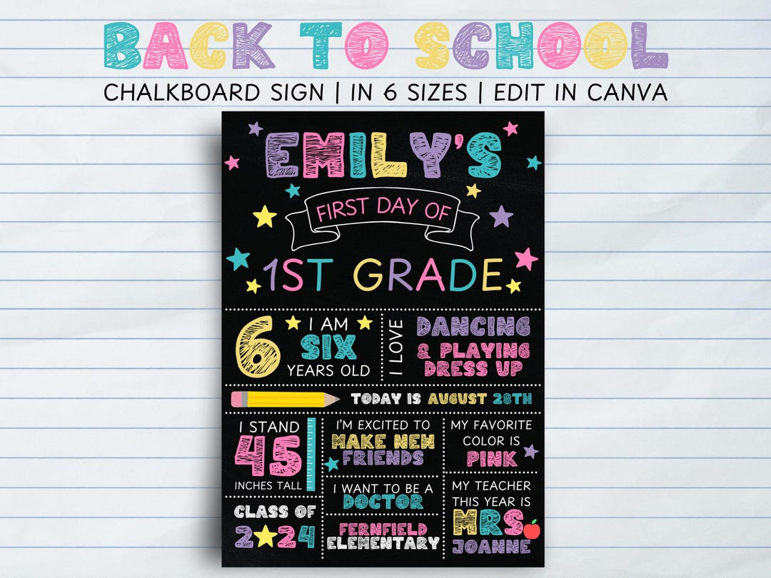Chalkboard Back to School Sign Canva Template, Editable First Day of ...