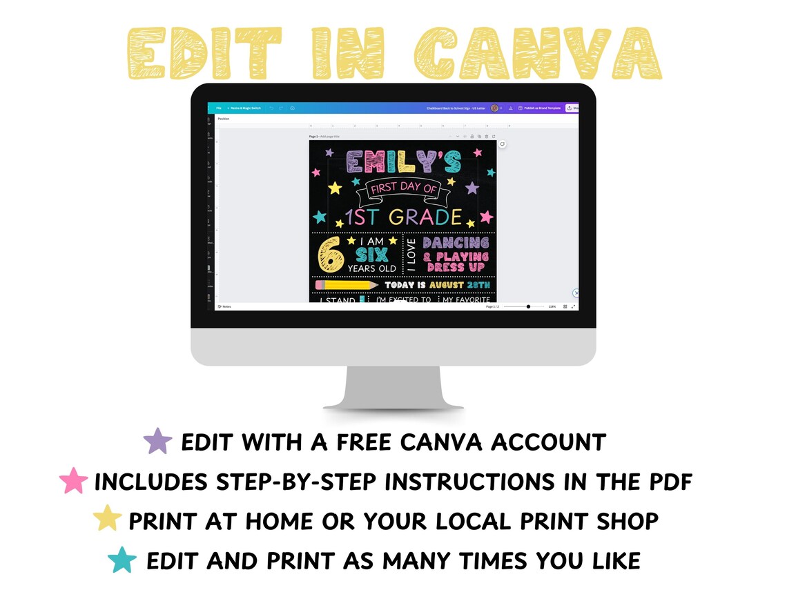 Chalkboard Back to School Sign Canva Template, Editable First Day of ...