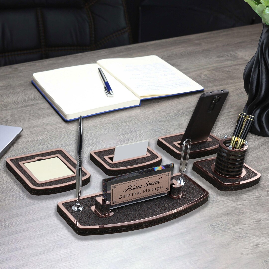 Personalized Luxury Desk Name Plate Set Bronze Patterned Leather Desk ...