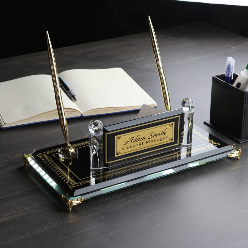 Personalized Elegant Desk Name Plate Black Glass Desk Nameplate With ...