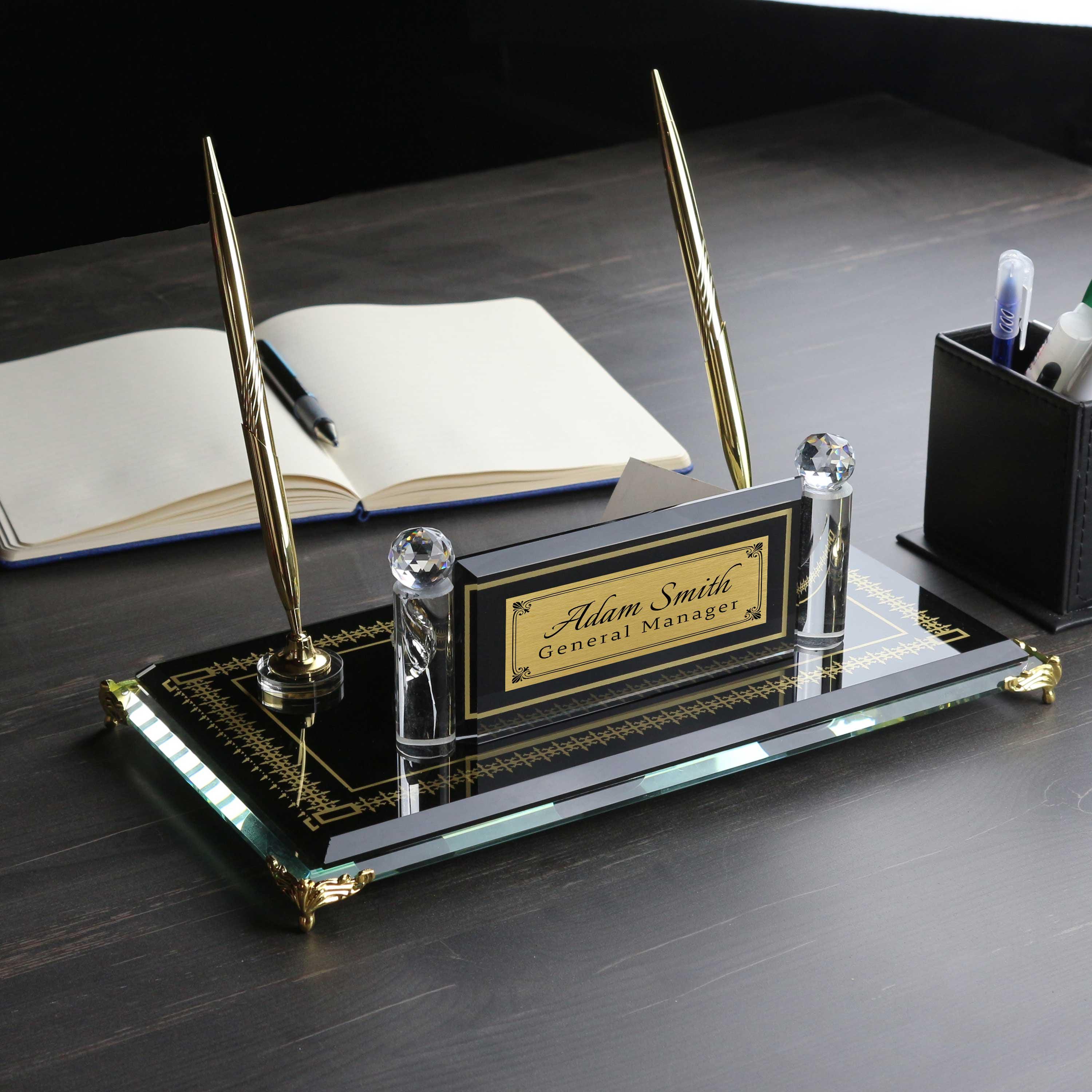 Personalized Black Glass Desk Name Plate With Clock & Pen Holder - Etsy