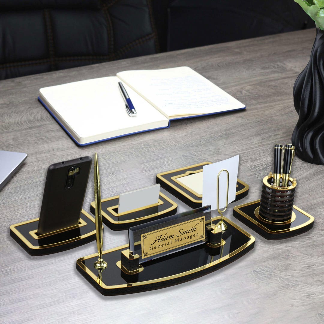 Personalized Luxury Desk Name Plate Set | Black Wooden Desk Nameplate ...