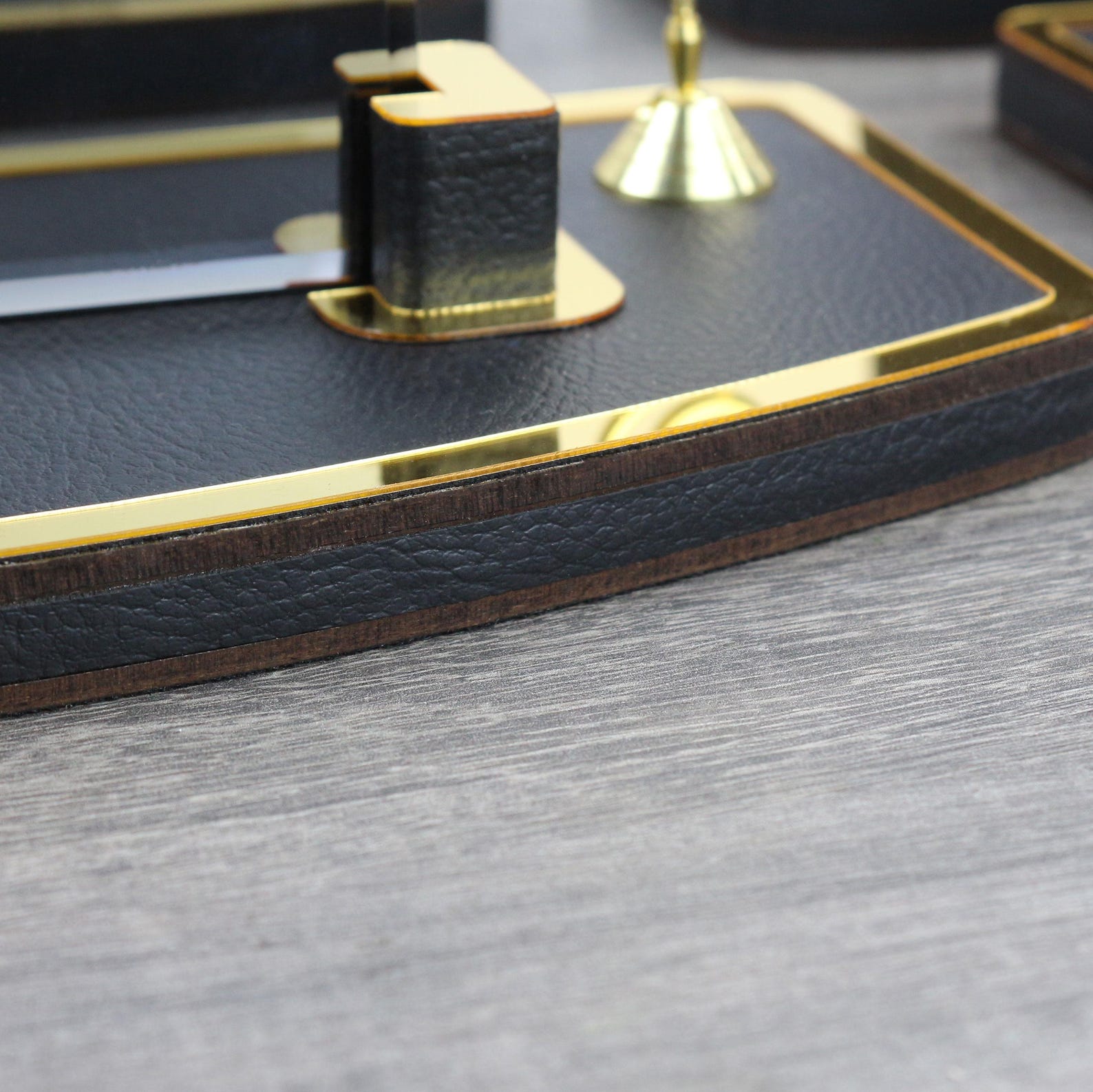 Personalized Black Leather Desk Name Plate: Wood Base, Gold Pen & Clip ...