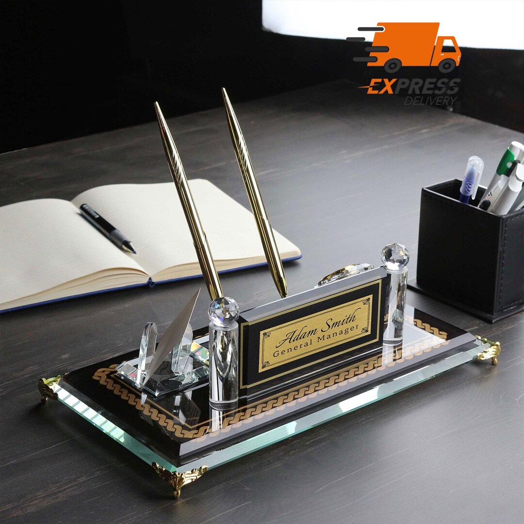 Personalized Elegant Desk Name Plate | Black Glass Desk Nameplate With ...