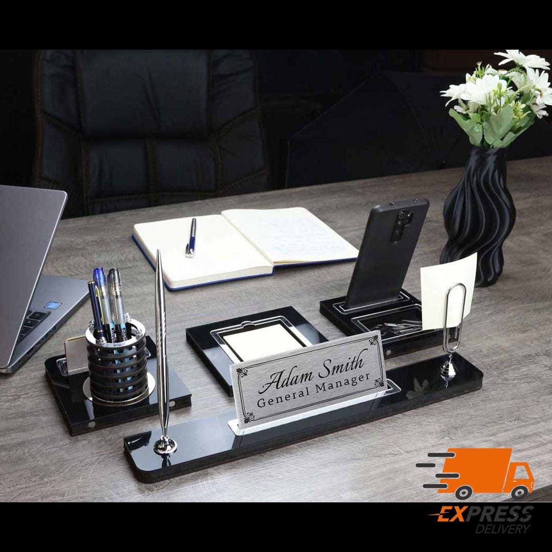 Personalized Wood Desk Name Plate: Plexiglass, Pen & Phone Holder - Etsy