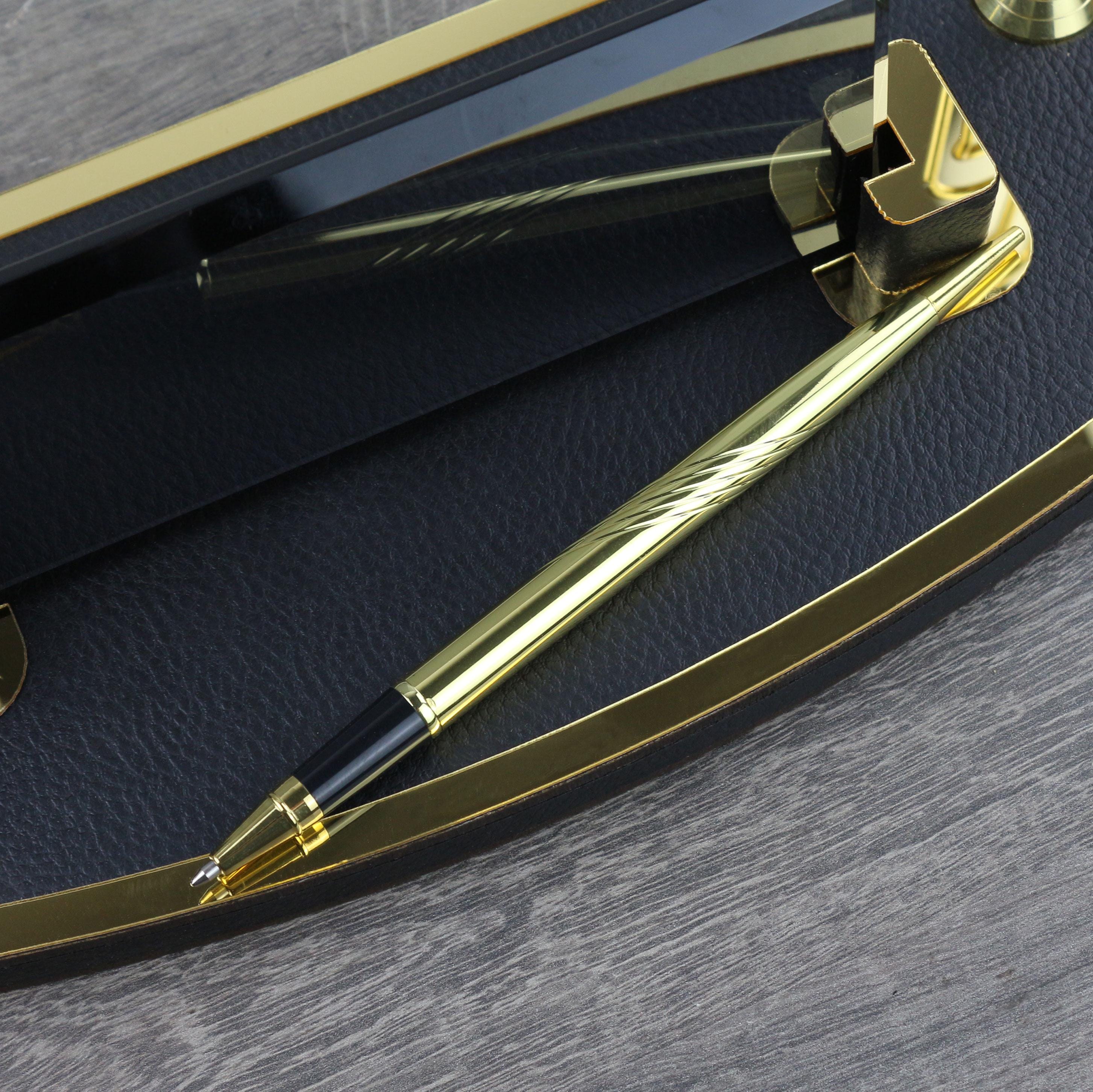 Personalized Black Leather Desk Name Plate: Wood Base, Gold Pen & Clip ...