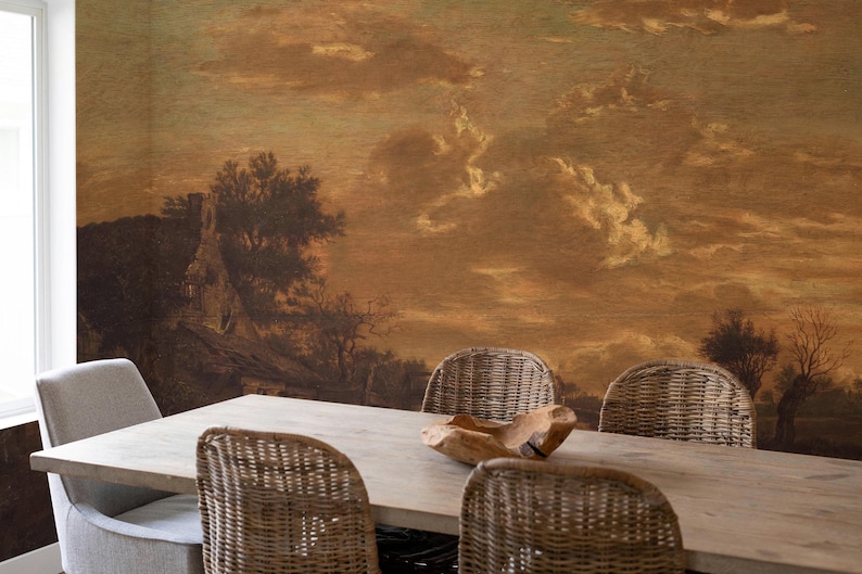 Vintage Sunset Landscape Wall Mural, Antique Painting Removable or Non ...