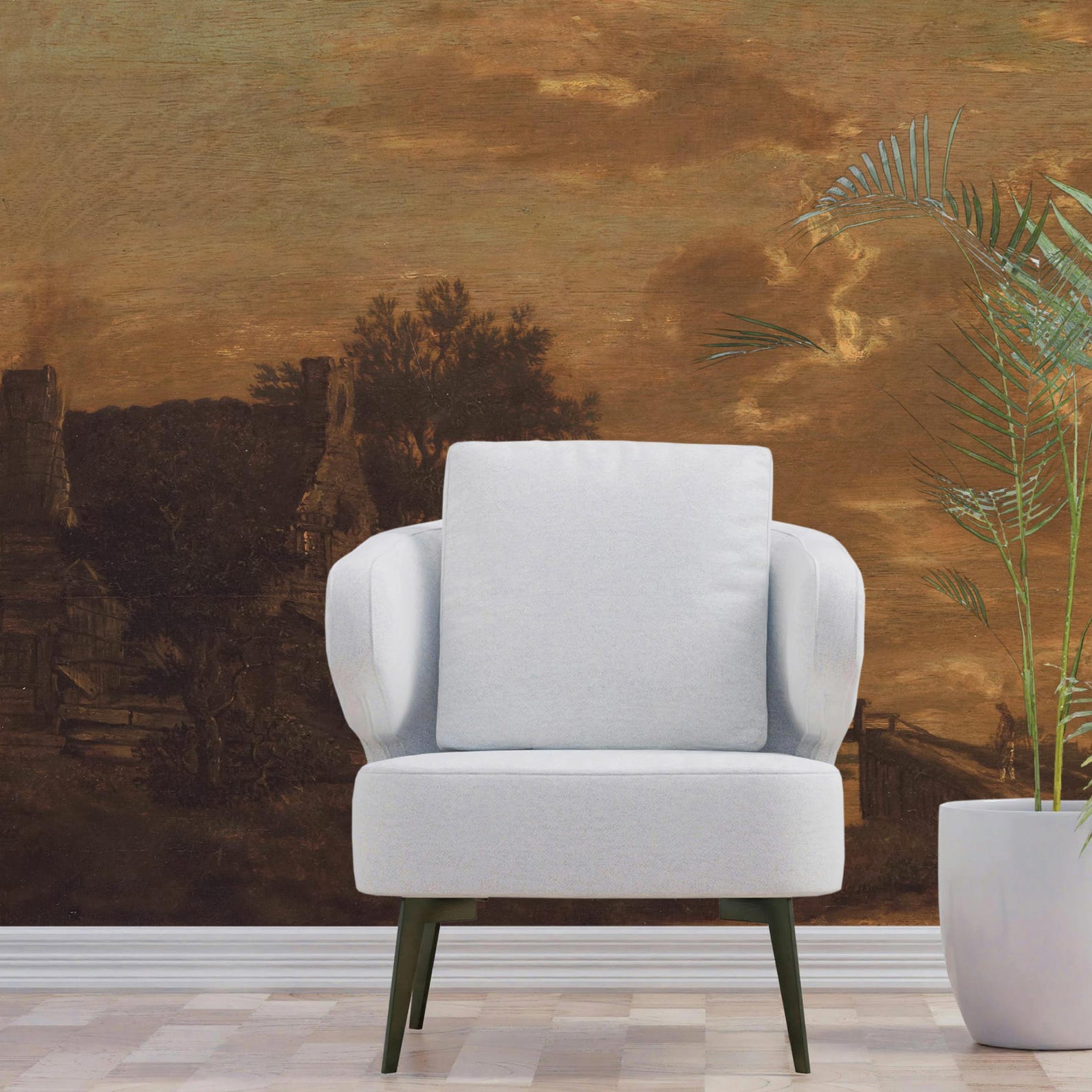 Vintage Sunset Landscape Wall Mural, Antique Painting Removable or Non ...