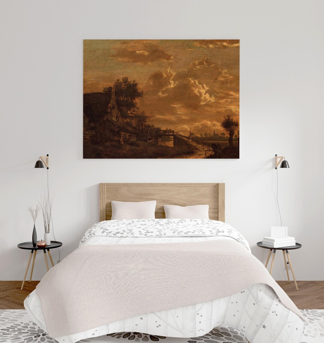 Vintage Sunset Landscape Painting Wall Art, Canvas Print - Ready to ...