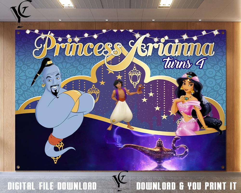 Aladdin Birthday Backdrop, Aladdin Birthday Banner, Aladdin Birthday ...
