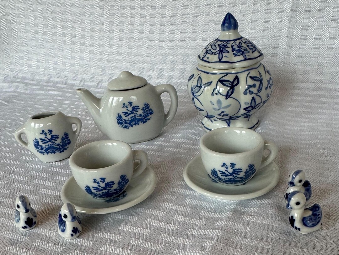 Vintage Miniature Blue & White Porcelain Tea Set, Dollhouse Decor - Etsy