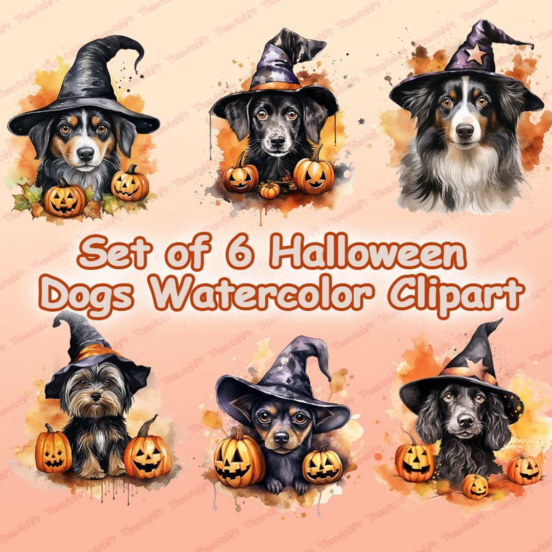 Halloween Dogs Watercolor Clipart, PNG Halloween Puppy Clipart, Witch ...