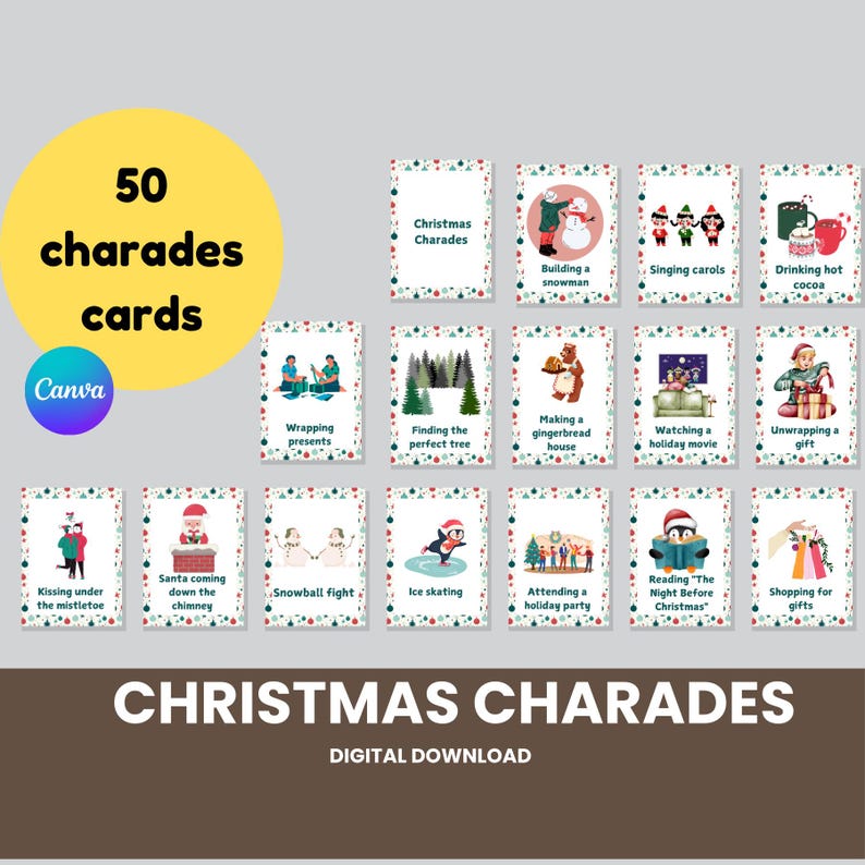 50 Christmas Charades Cards Fun Christmas Game Christmas Party Games ...