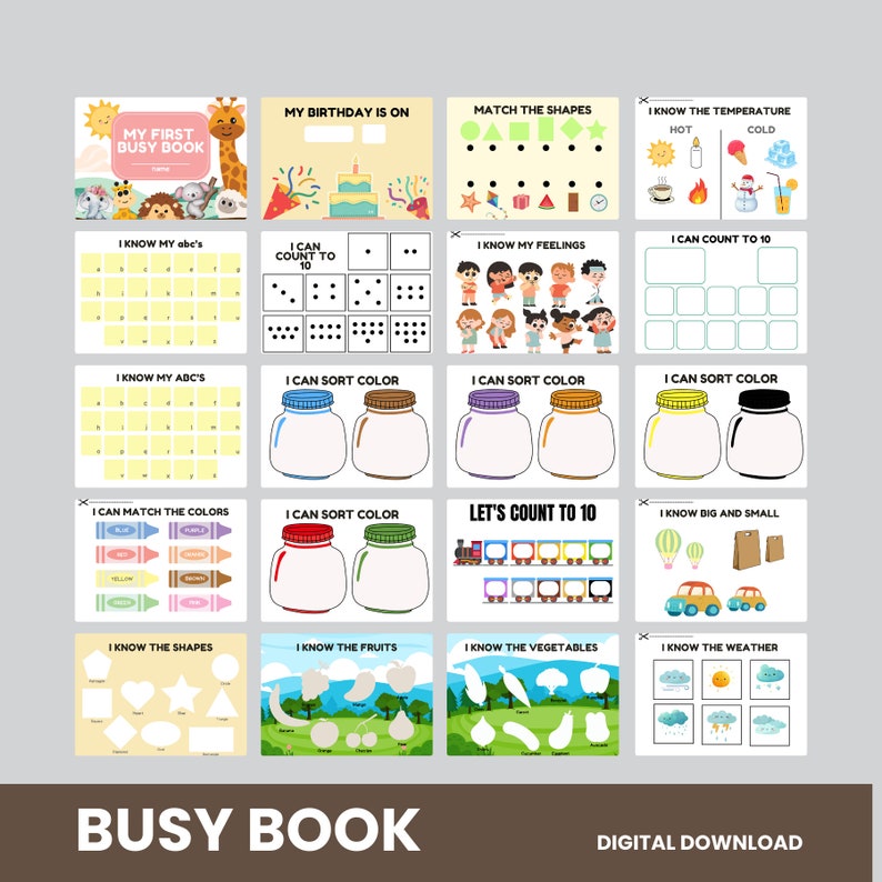 Toddler Busy Book Printable Activity Personalized Educational Learning ...
