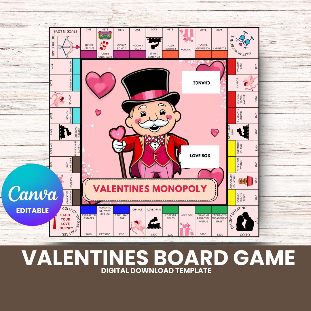 Custom Monopoly Canva Editable Template Game Party Games Valentines ...