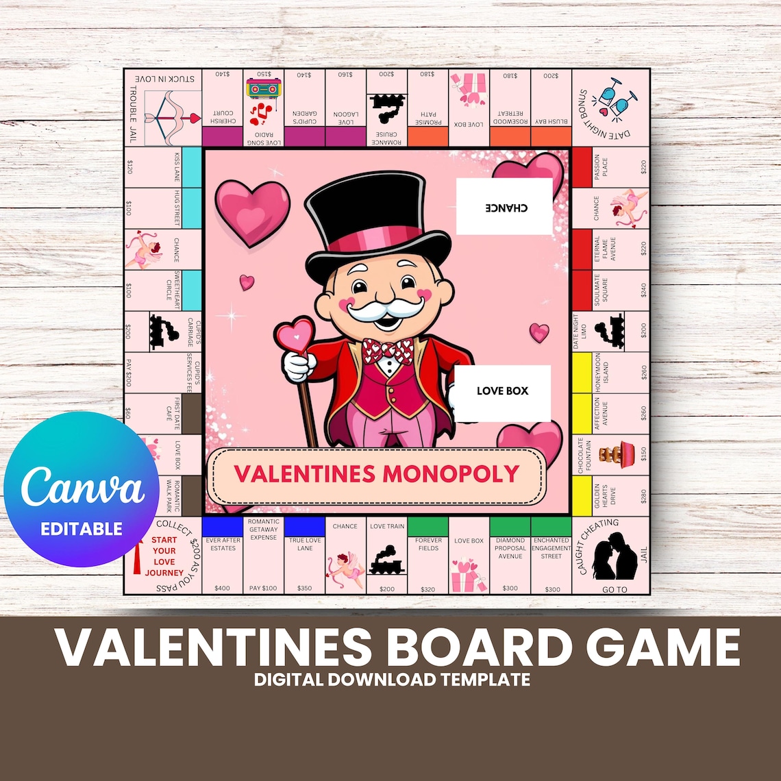Custom Monopoly Canva Editable Template Game Party Games Valentines ...