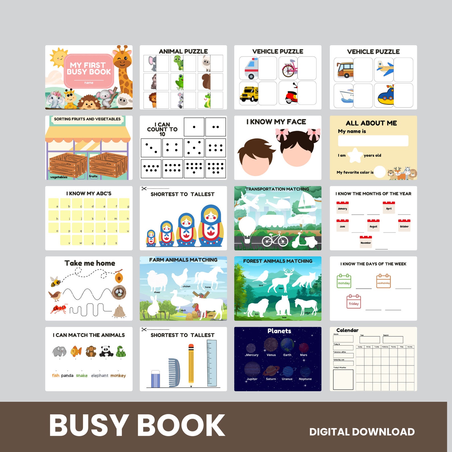 Toddler Busy Book Printable Activity Personalized Educational Learning ...