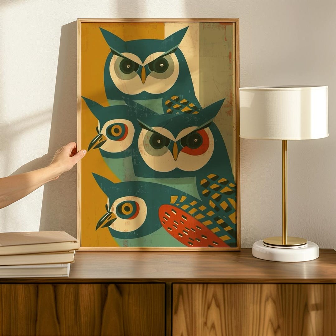 Mid-century Owl Art Print, Retro Blue Owl Poster, Minimalist Animal ...