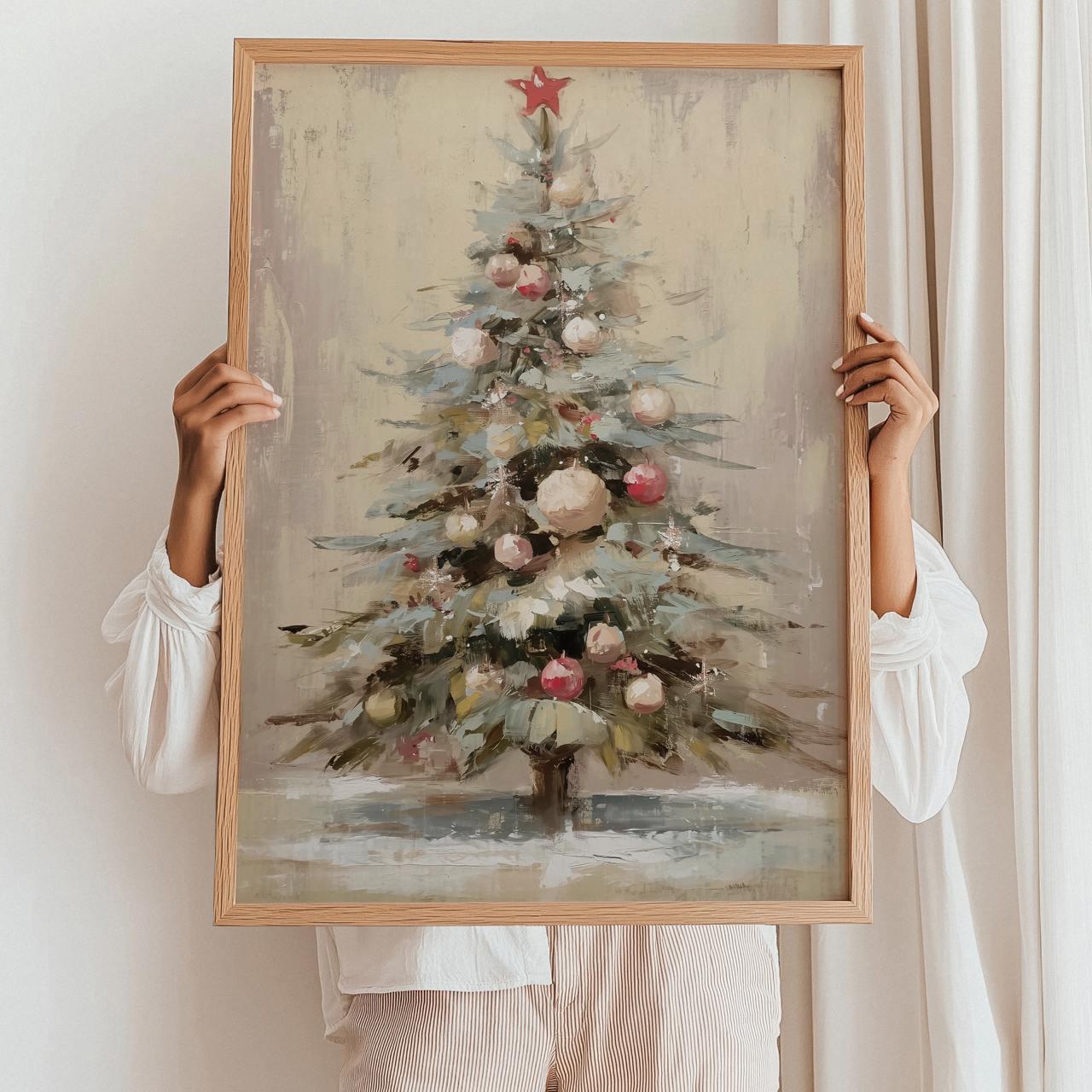 Christmas Tree Oil Painting Style Poster, Contemporary Holiday Wall Art ...