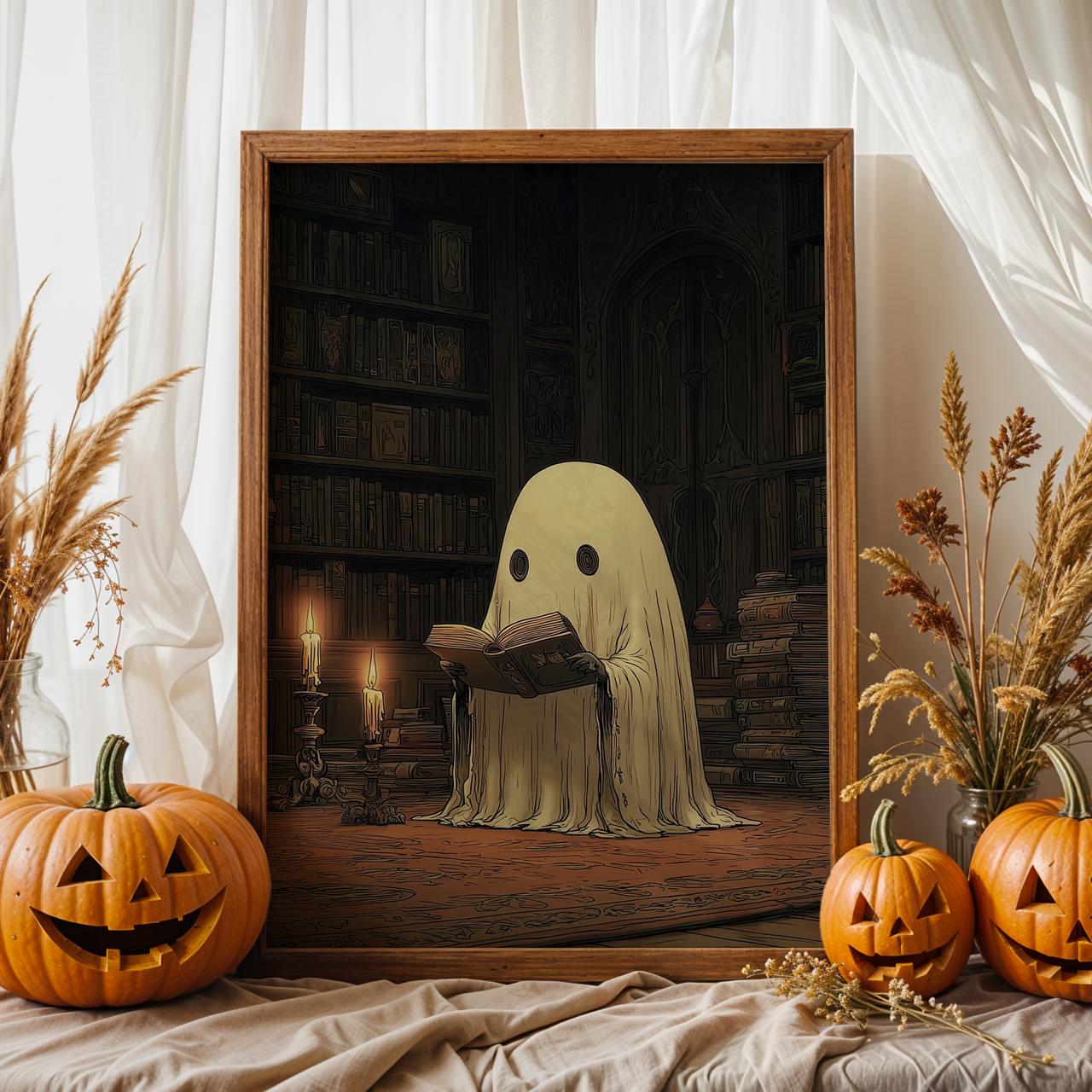 Ghost Poster, Ghost Reading Book in Dark Academia Library, Halloween ...