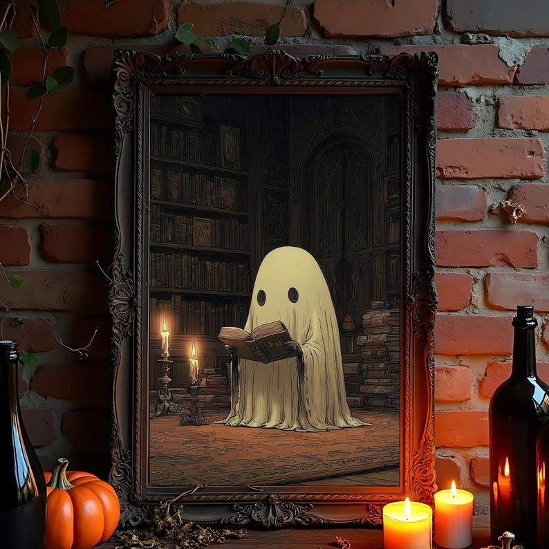 Ghost Poster, Ghost Reading Book in Dark Academia Library, Halloween ...