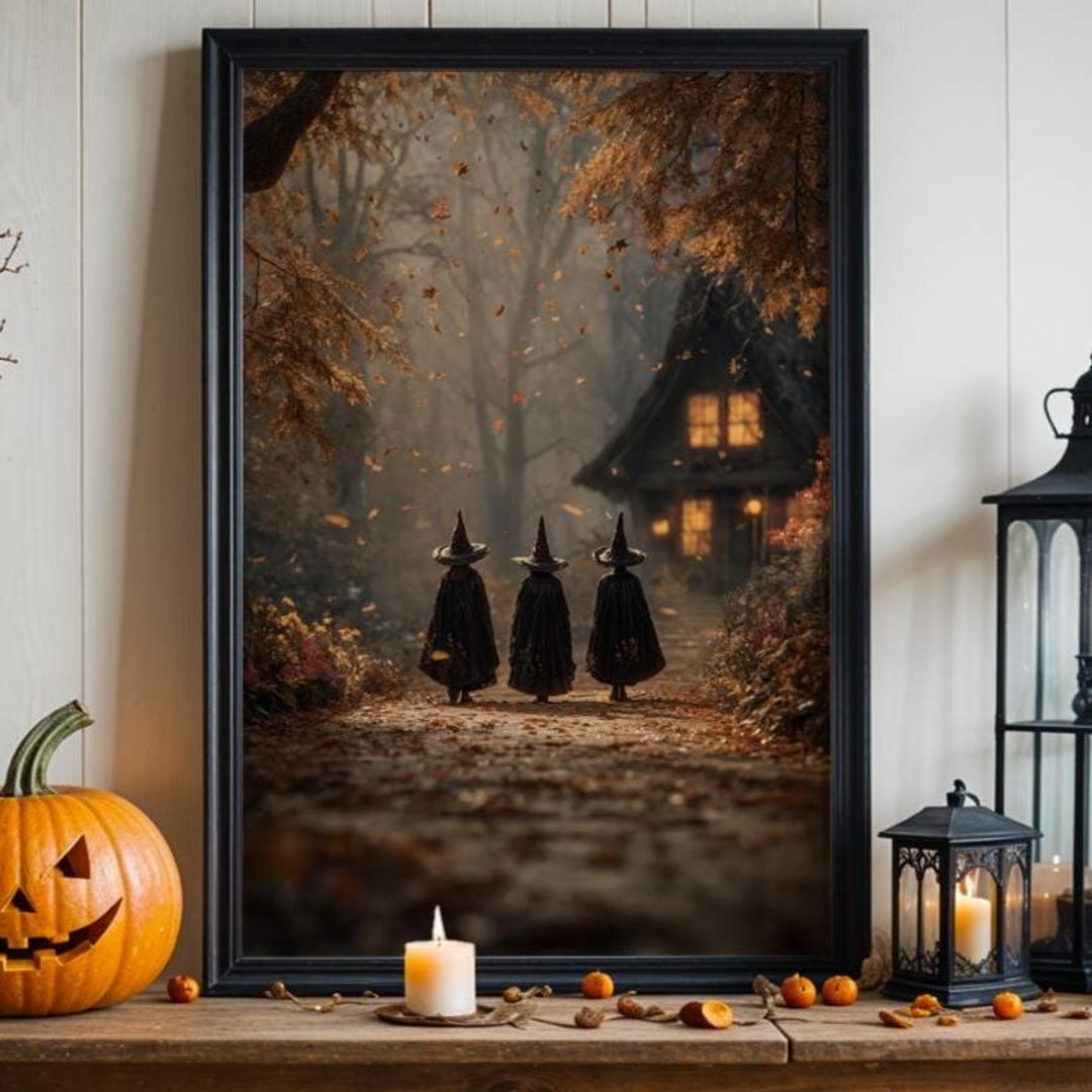 Three Witches on Autumn Path Poster – Mystical Halloween Wall Art Print ...