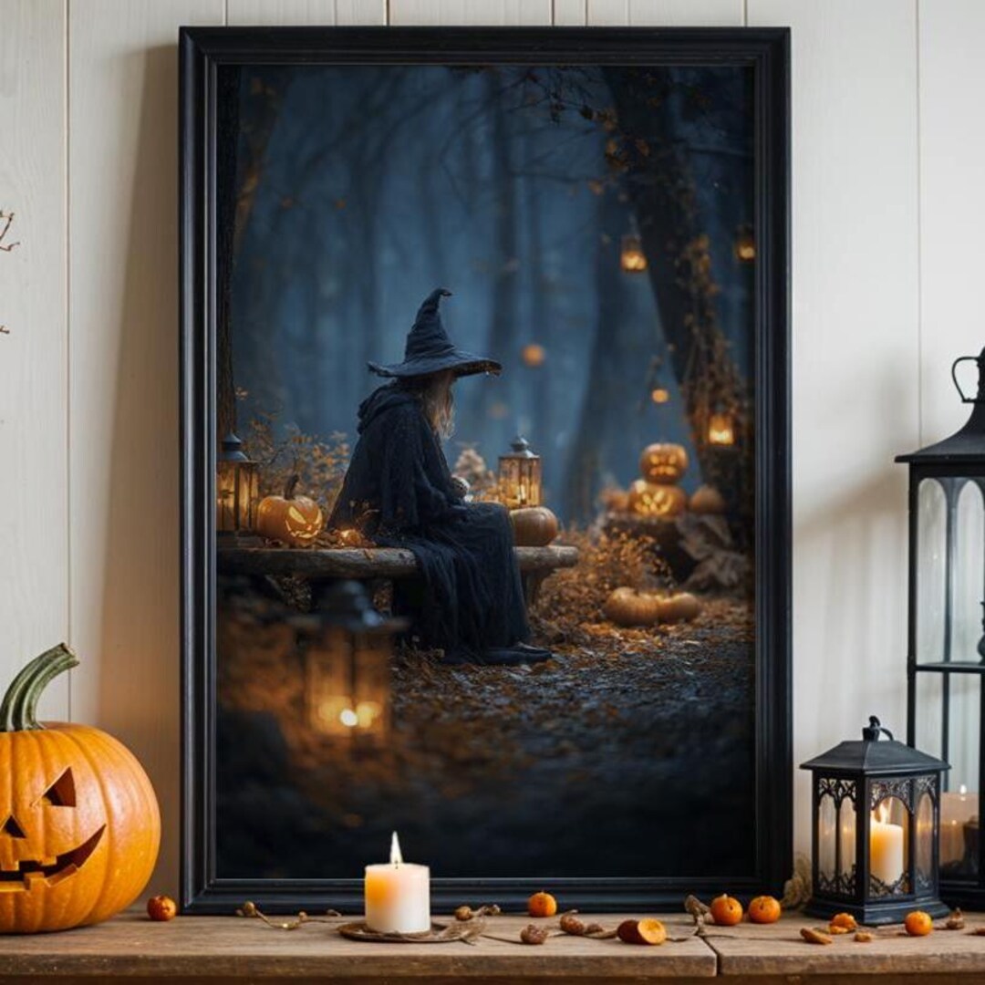 Vintage Poster, Halloween Wall Art Print – Witch Sitting in Dark Forest ...