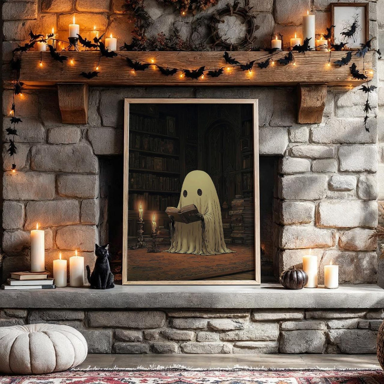 Ghost Poster, Ghost Reading Book in Dark Academia Library, Halloween ...