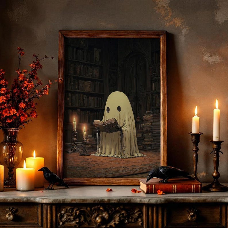 Ghost Poster, Ghost Reading Book in Dark Academia Library, Halloween ...