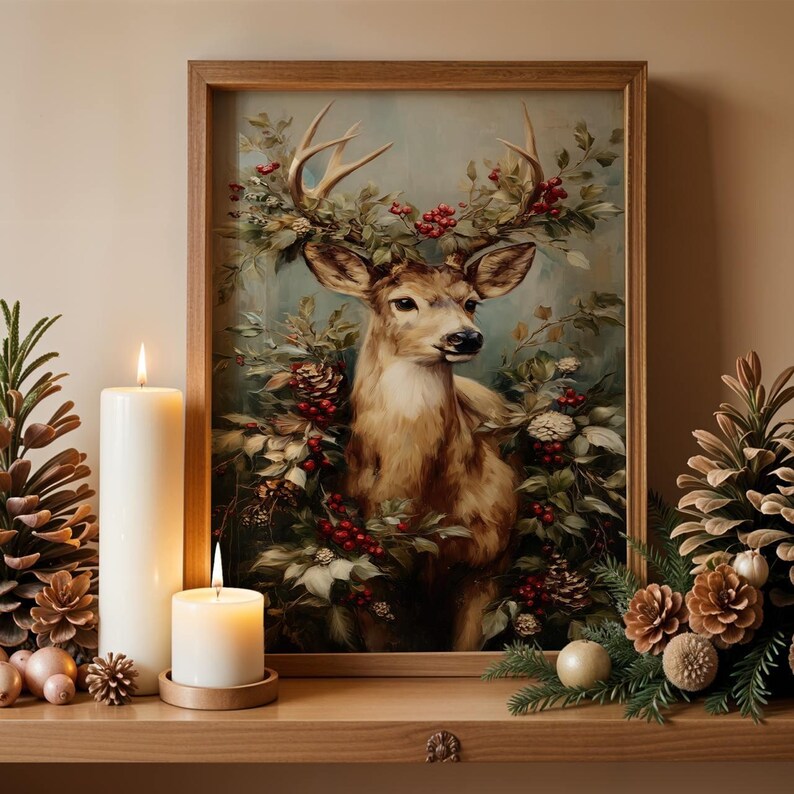 Christmas Reindeer Portrait With Festive Wreath Poster, Holiday Wall ...