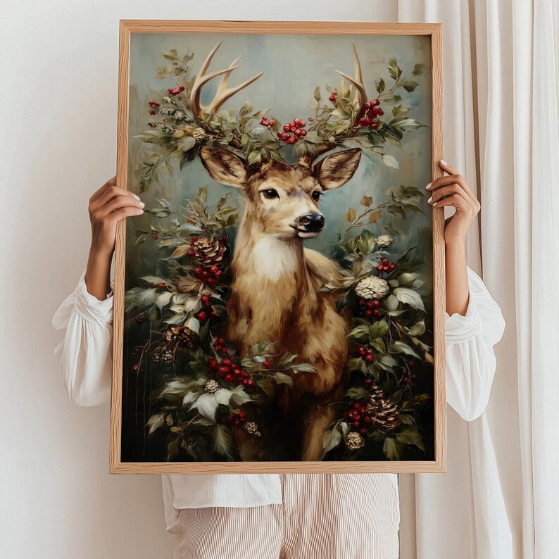 Christmas Reindeer Portrait With Festive Wreath Poster, Holiday Wall ...