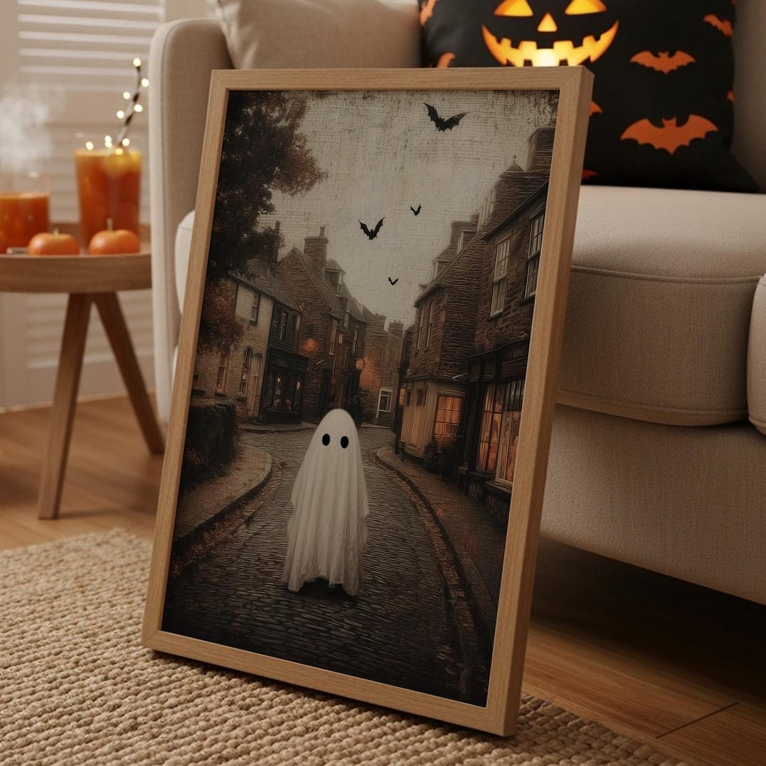 Ghost in Sheet Halloween Town Poster, Spooky Wall Art Print, Gift - Etsy