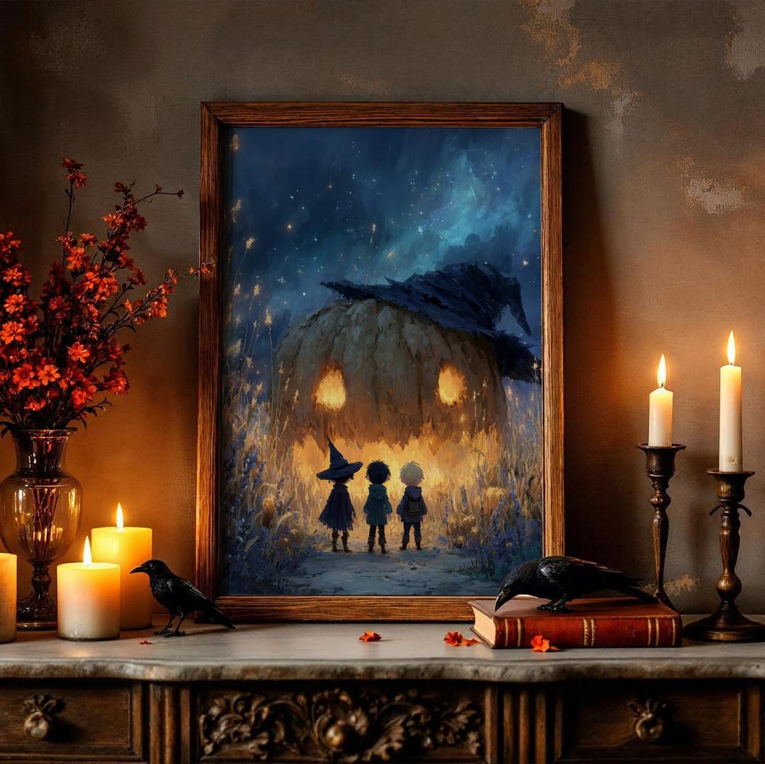 Vintage Poster, Halloween Wall Art Print – Kids Standing in Twilight ...