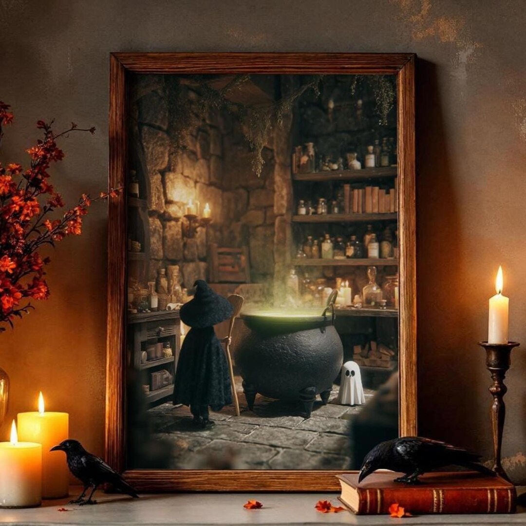 Spooky Witch and Ghost – Halloween Wall Art Print, Vintage Poster of ...
