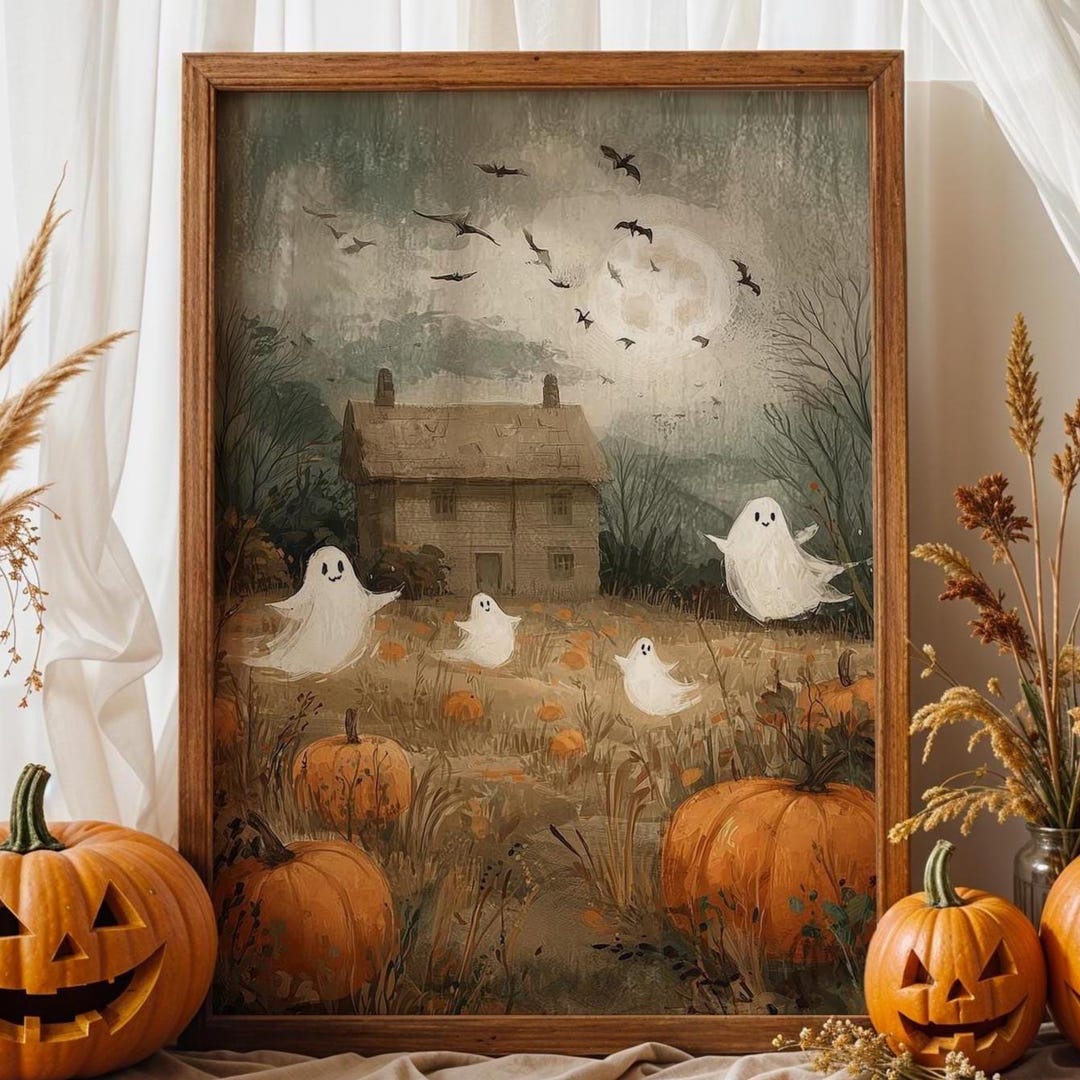 Ghost Poster - Flying Ghosts Over Pumpkin Field With Mansion ...