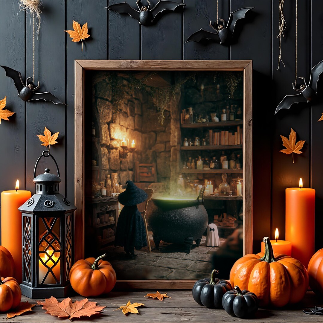 Spooky Witch and Ghost – Halloween Wall Art Print, Vintage Poster of ...