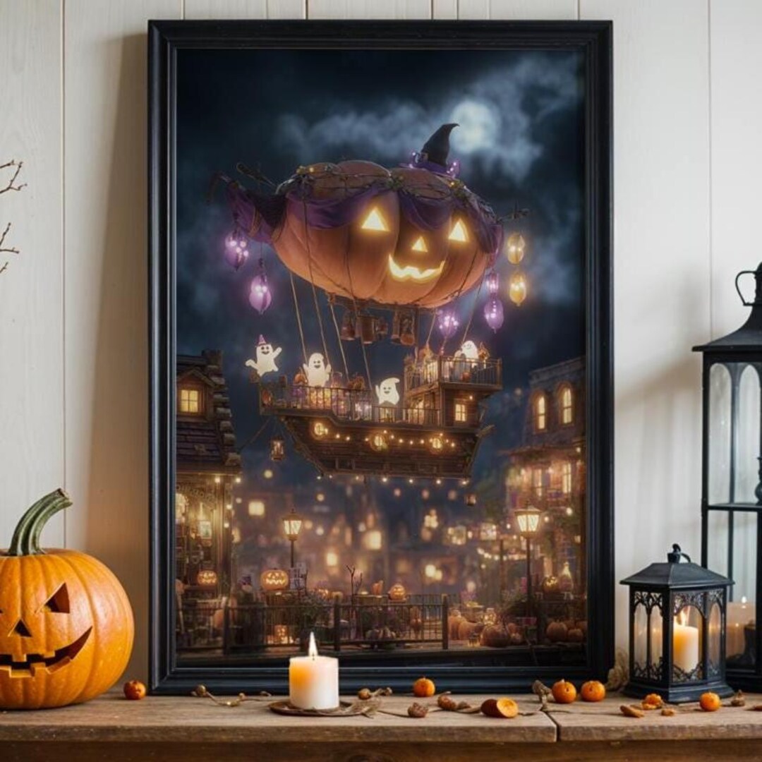 Ghosts on Pumpkin Blimp Art Print – Retro Halloween Poster of a Glowing ...