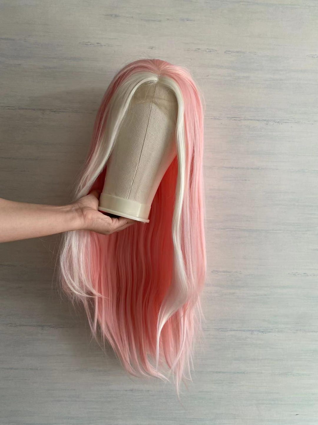 Front White , Back Pink Color Long Straight Lace Front Synthetic Wig ...
