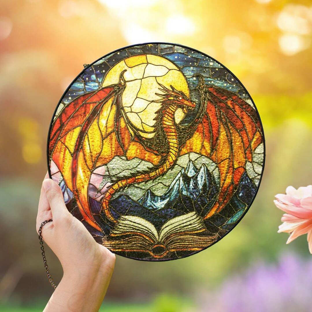 A Majestic Dragon Stained Glass Suncatcher, Dragon Round Stained Glass ...