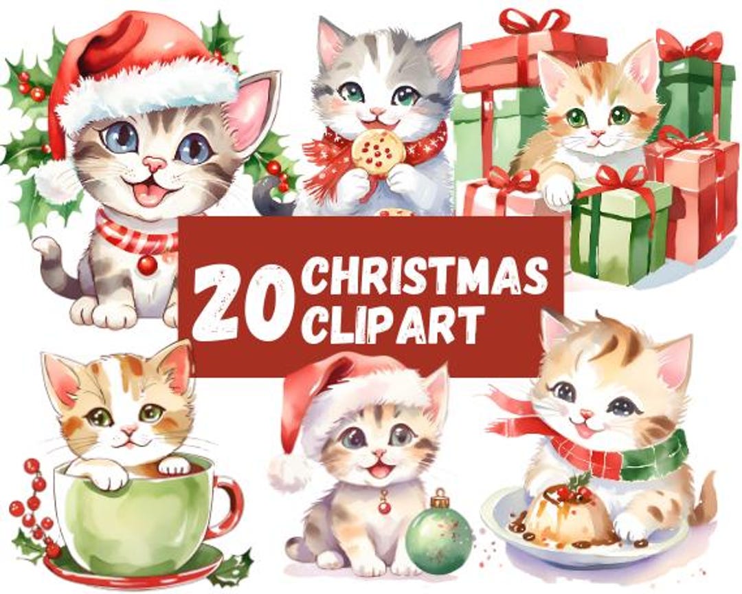 Christmas Cats Clipart, Watercolor Christmas Clipart Bundle, Cozy ...