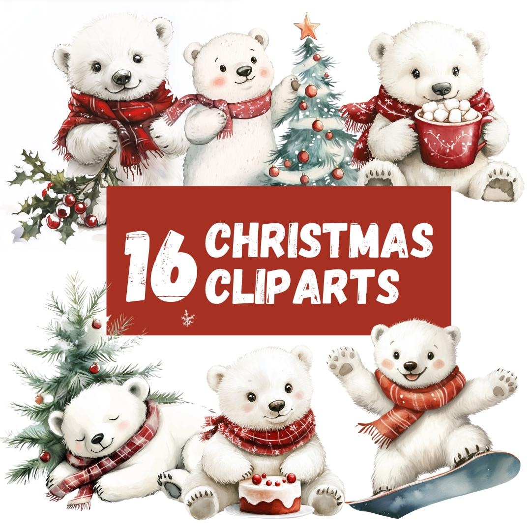 Bundle of 16 Christmas Cliparts - Cute Polar Bear - Watercolor Style ...
