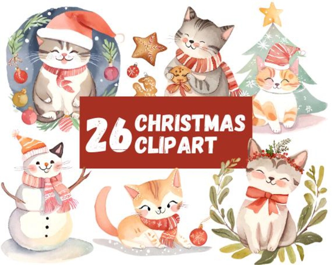 Christmas Cats Clipart, Watercolor Christmas Clipart Bundle, Cozy ...