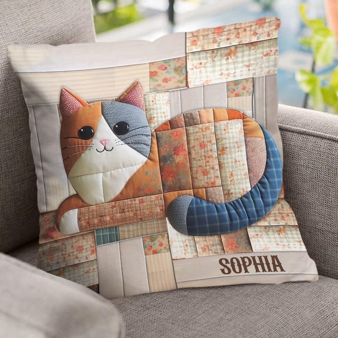 Personalized 3D Cute Cat Throw Pillow, Quilting Patch Effect Vintage ...