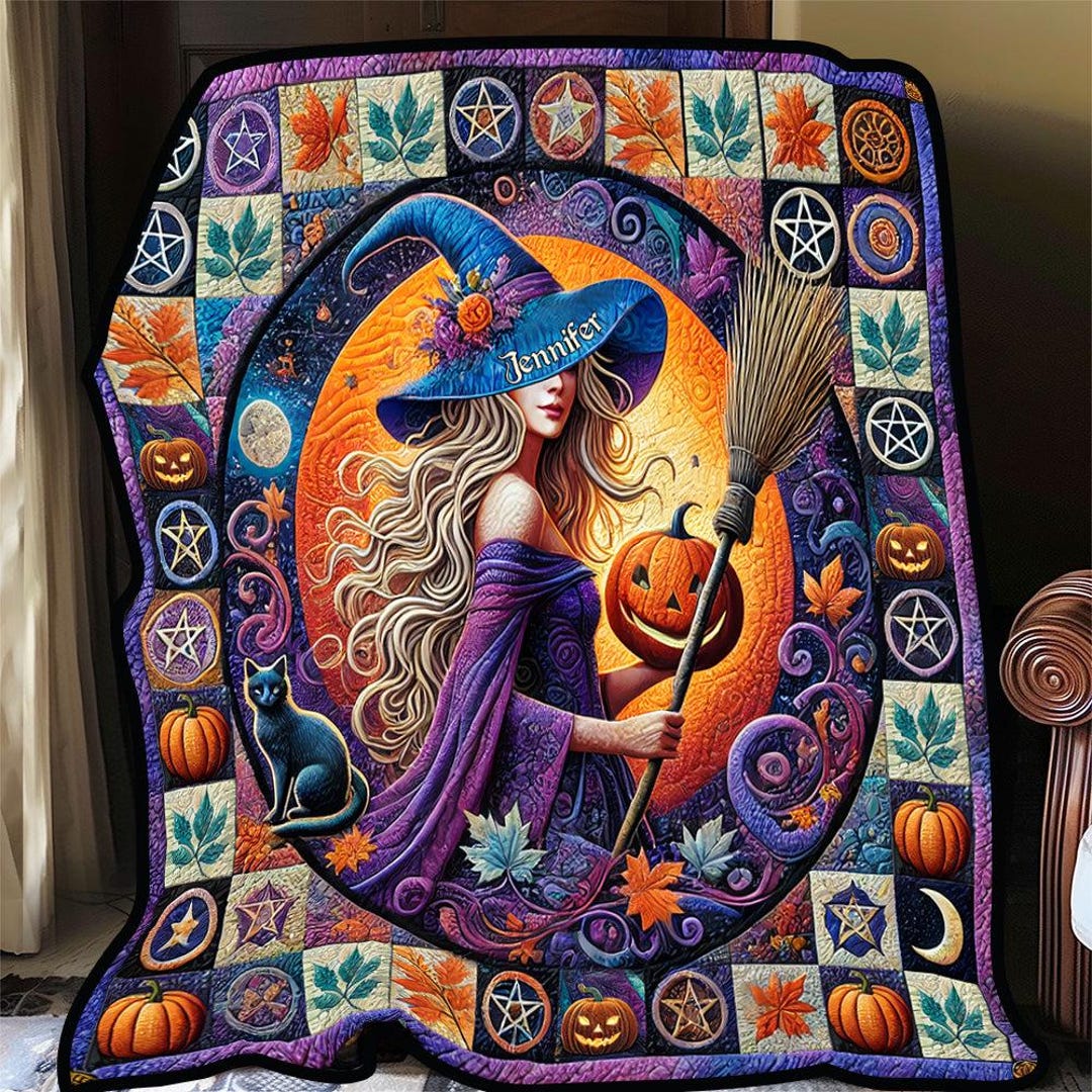 Personalized Magic Witch Quilted Blanket, Witch With Broom Pumpkin ...