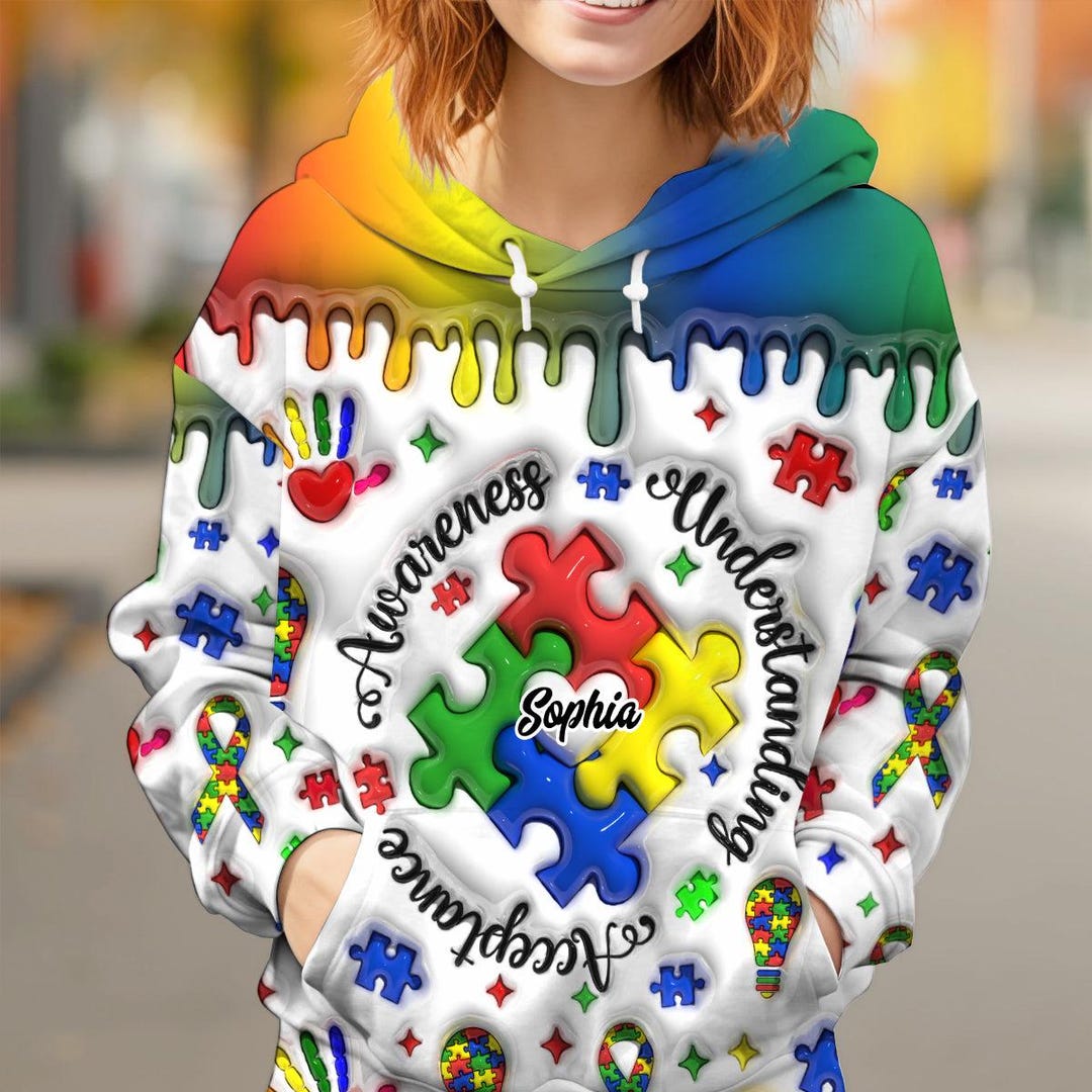 Custom Inflated Autism Awareness Hoodie, Rainbow Puzzle Autistic Hooded ...