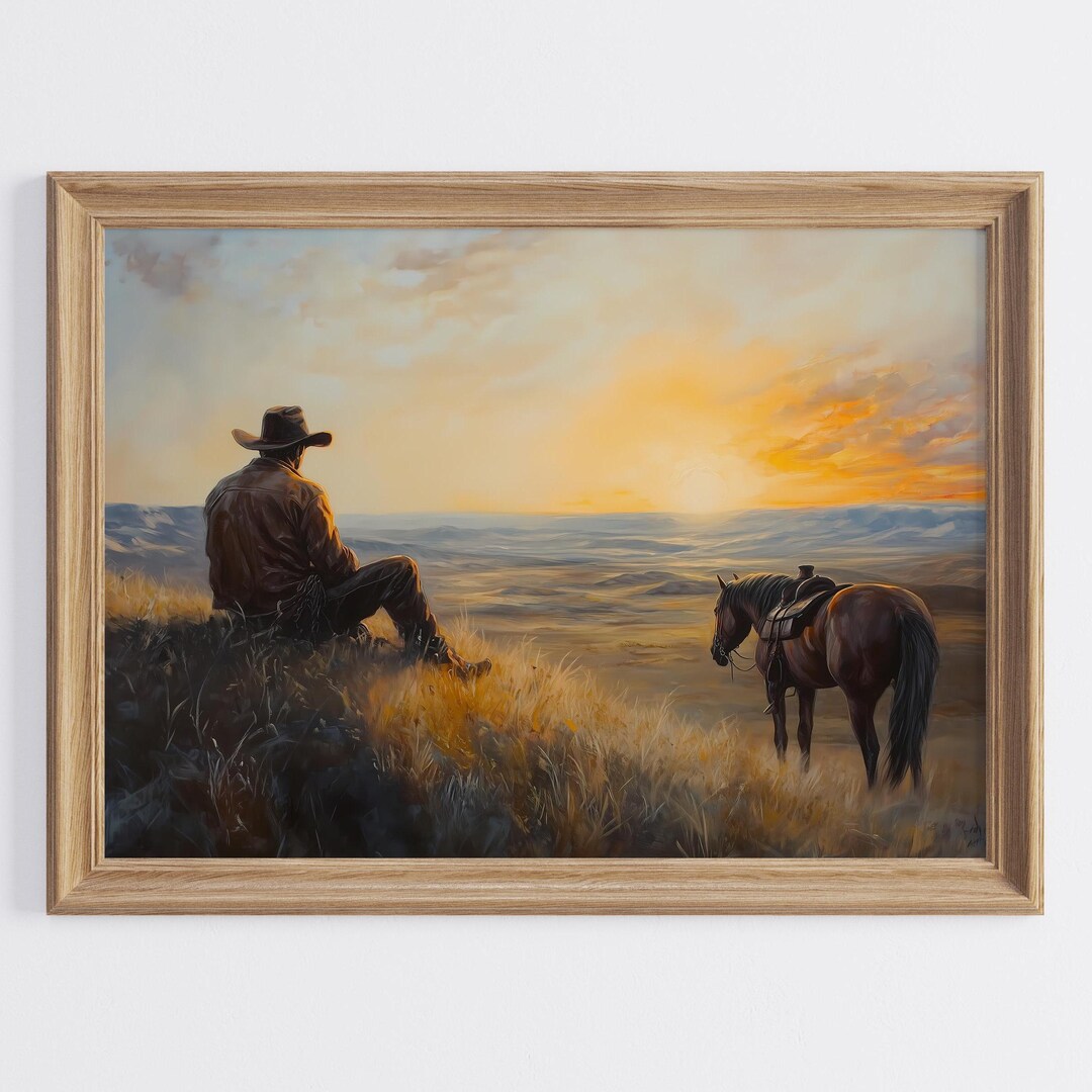 Cowboy Oil Painting Arizona Landscape Sunset Wild West Horse 19th ...