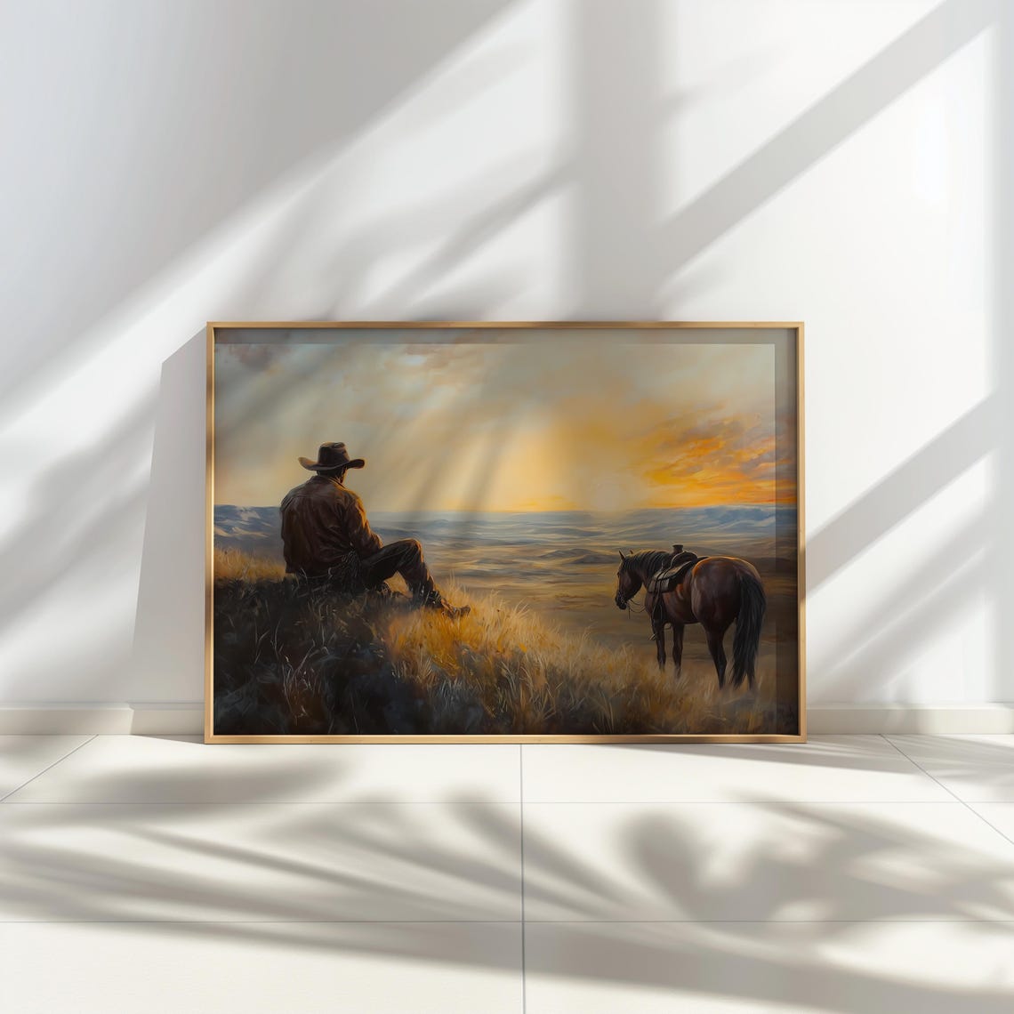 Cowboy Oil Painting Arizona Landscape Sunset Wild West Horse 19th ...