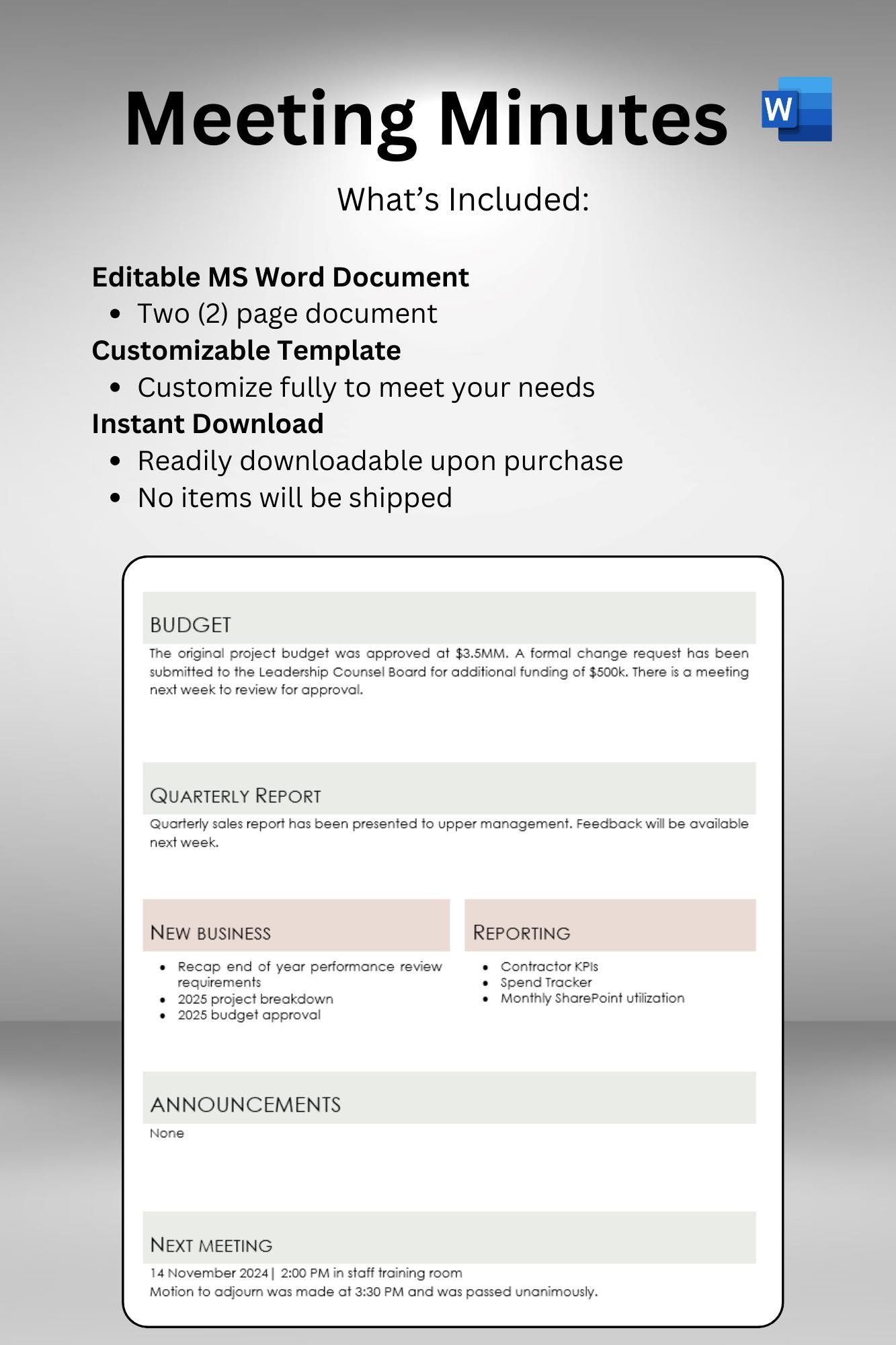 Meeting Minutes Template - Etsy