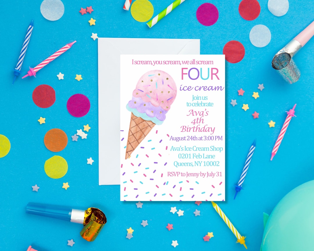 Scream 4 Ice Cream 4th Birthday Party Invite, Ice Cream Party, 4th ...